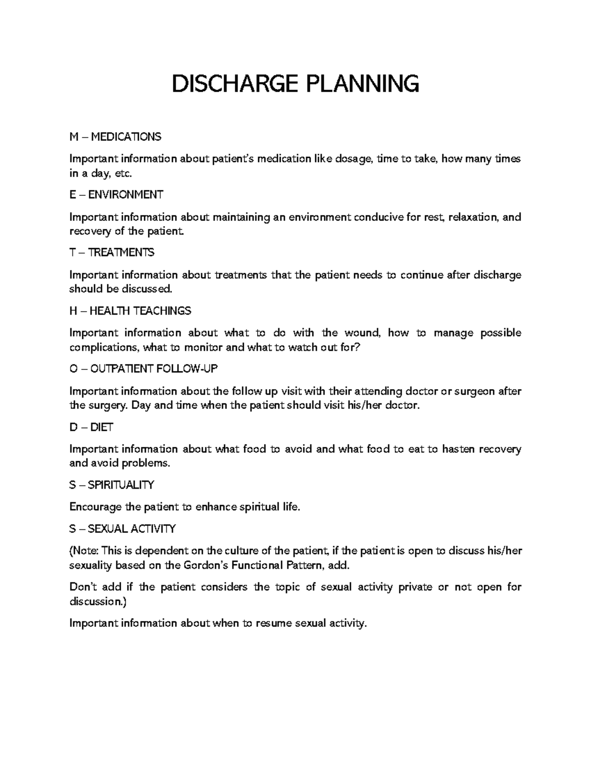 NUR 301 - Discharge Planning Lecture Notes on Patient Care Essentials ...