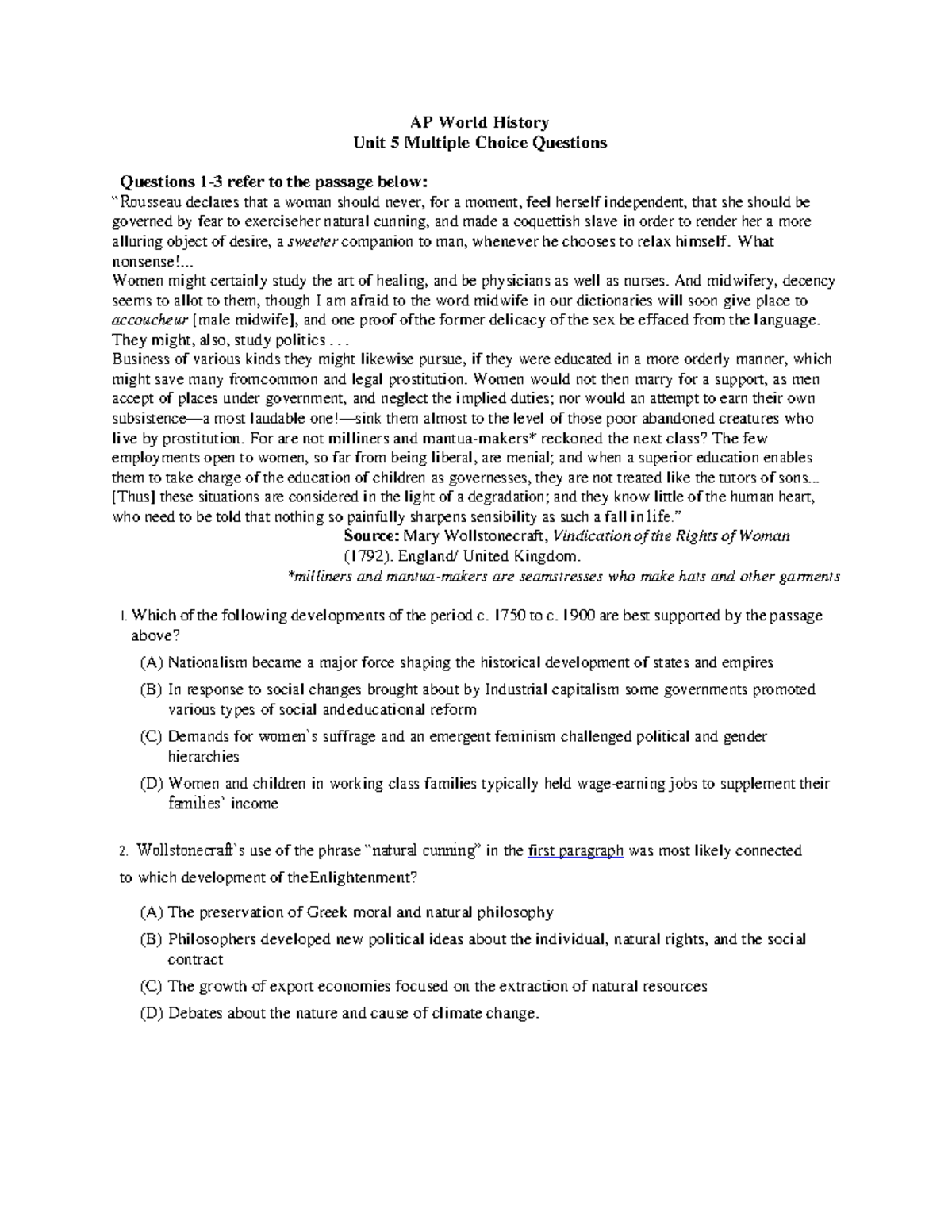 APWH Unit 5 MCQs: Test Questions and Answers for World History Exam ...