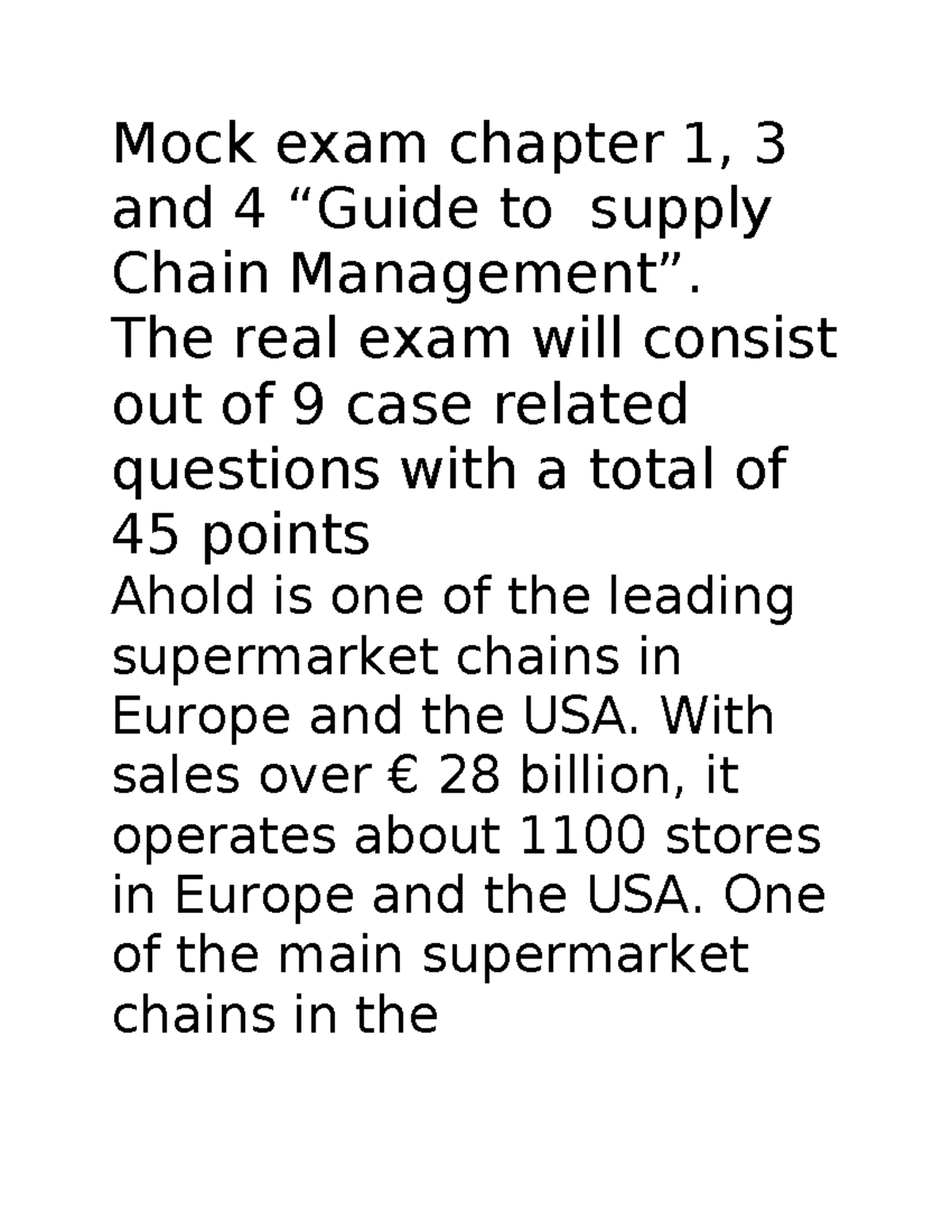SCM 101: Mock Exam Questions from Chapters 1, 3 & 4 Guide to Supply ...