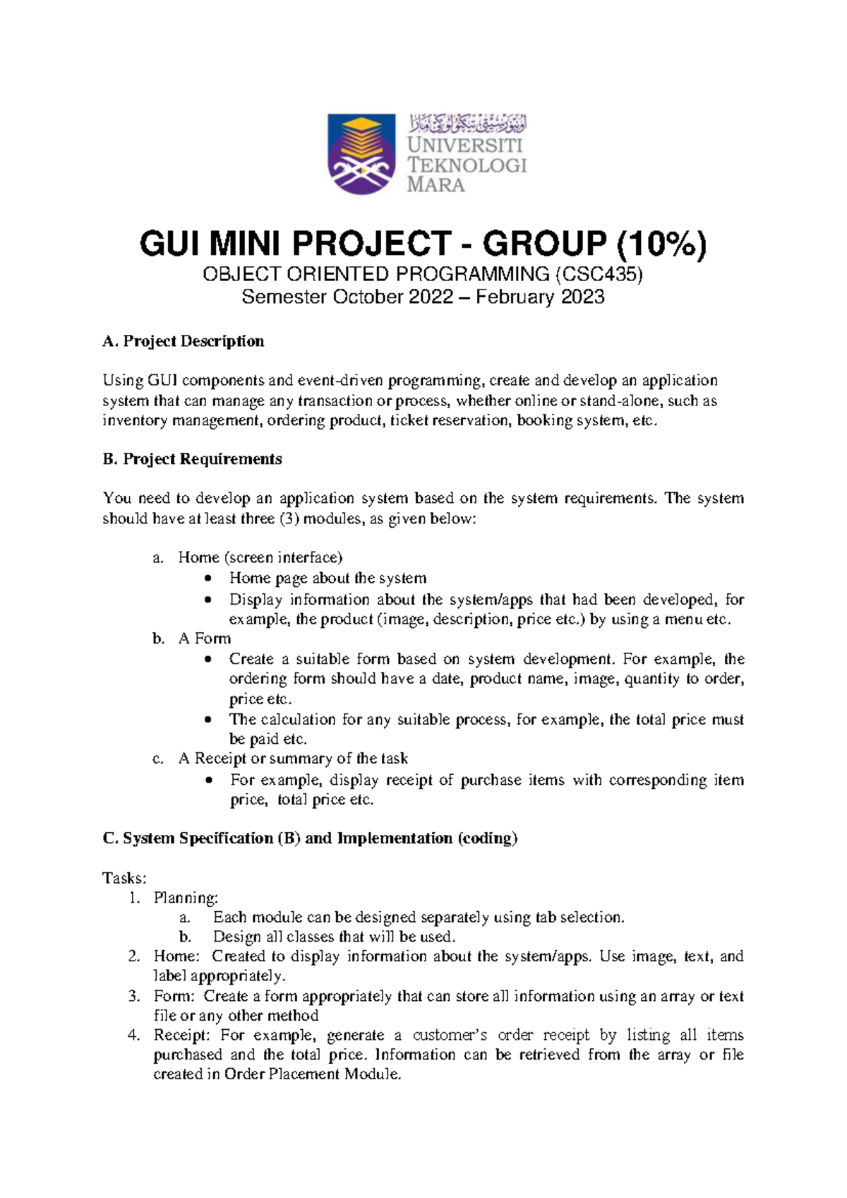 CSC435 Oct Feb 2023 GUI Mini Project Assignment Details - Studocu