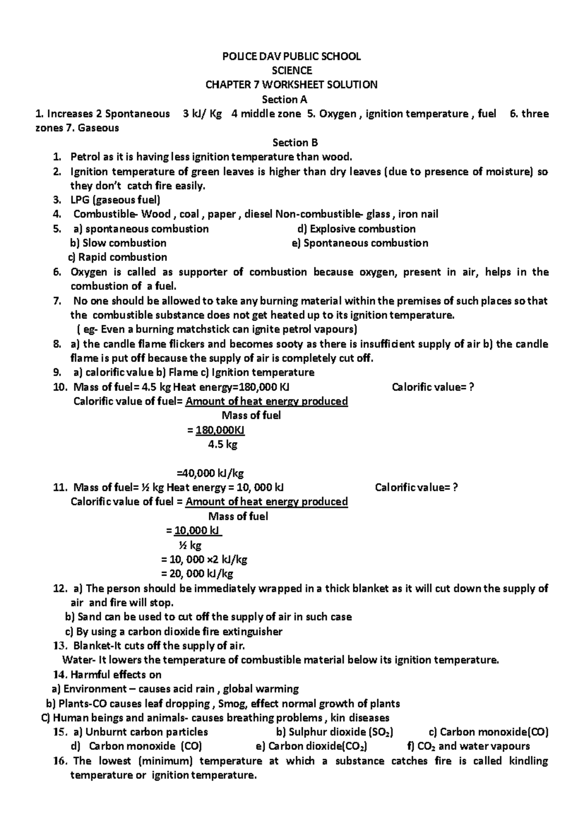 Combustion Worksheet Solutions - Grade 7 Science Chapter 7 - Studocu