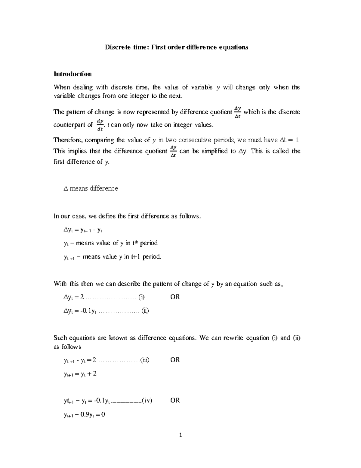 Discrete First Order Difference Equations - Dec 2021 Lecture Notes ...