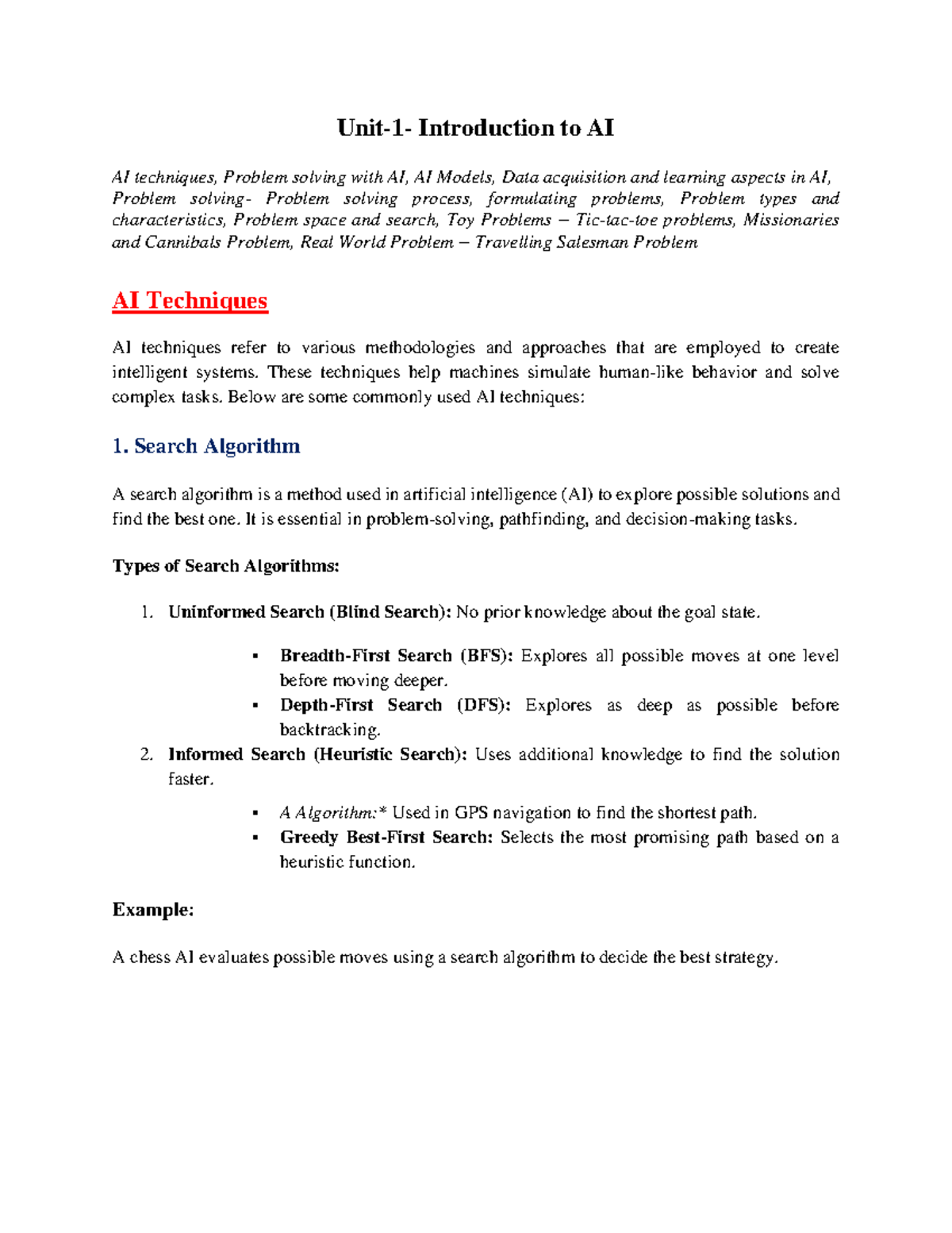 Unit 1 Notes: AI Techniques, Problem Solving, and Learning Aspects ...