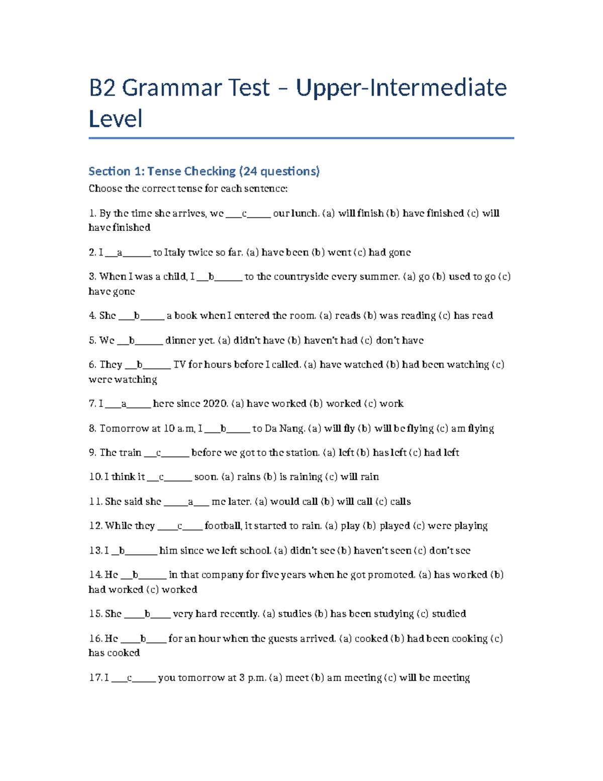B2 Grammar Test Exam - Practice on Tenses and Word Forms - Studocu