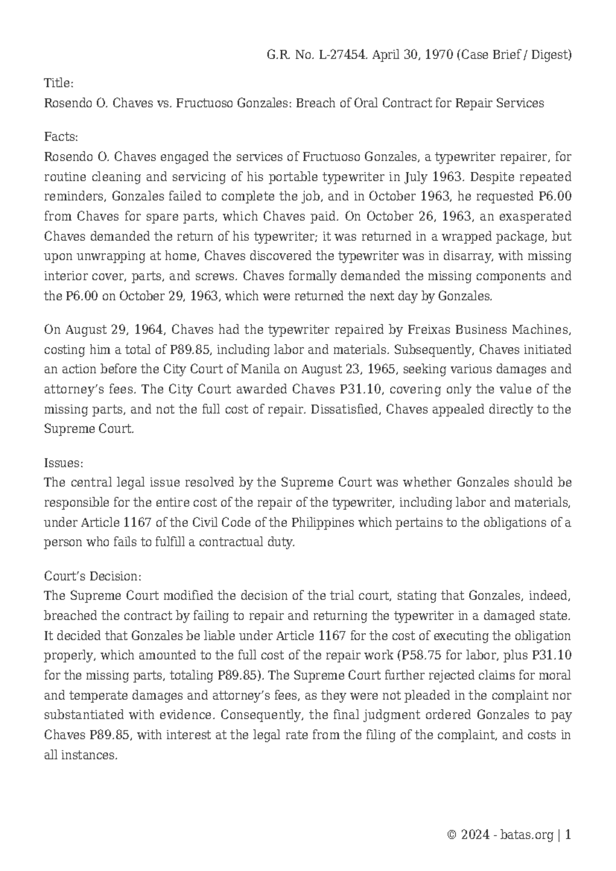 G.R. No. L-27454. April 30, 1970 (Case Brief Digest) - G. No. L-27454 ...