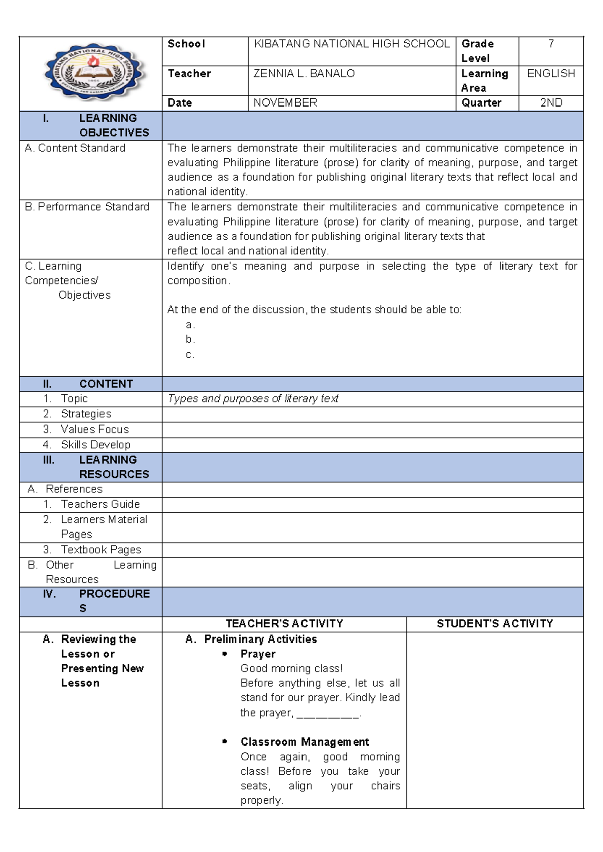 Types and Purposes of Literary Texts - English 7 DLP Guide - Studocu