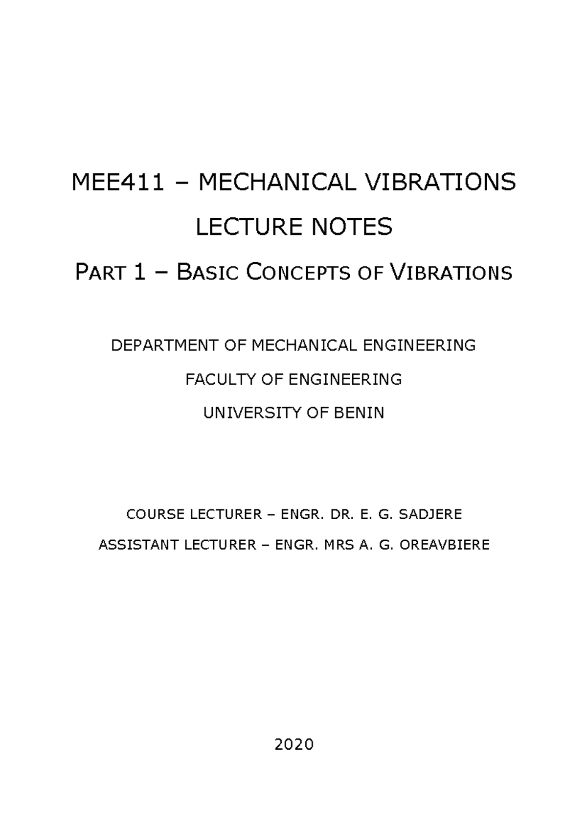MEE 411 Lecture Notes: Fundamental Concepts of Vibrations - Studocu