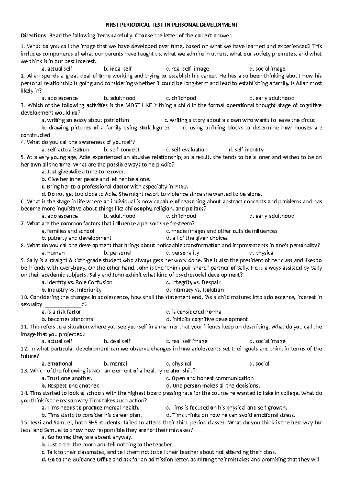 Grade 11 HUMSS Final Exam in Personal Development Assessment Tool - Studocu