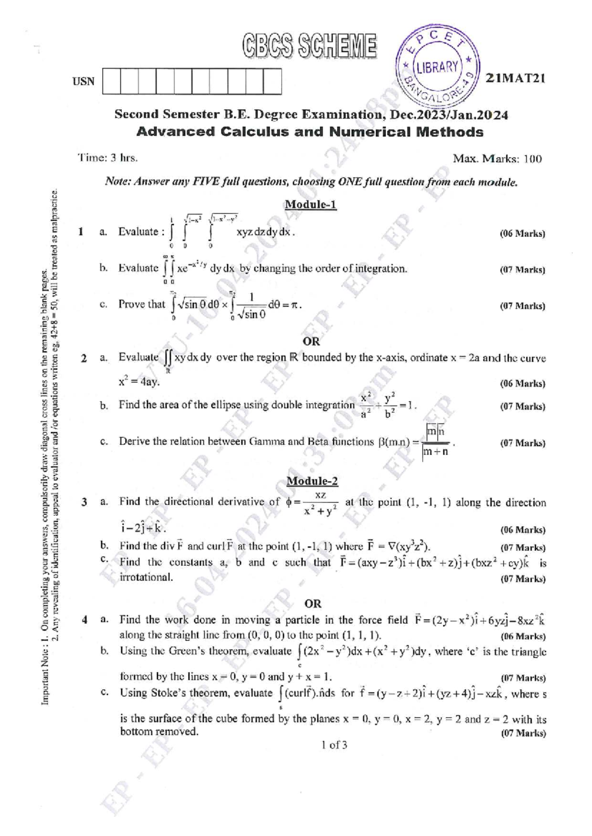 Advanced Calculus and Numerical Methods - 21MAT21 Exam Guide - Studocu
