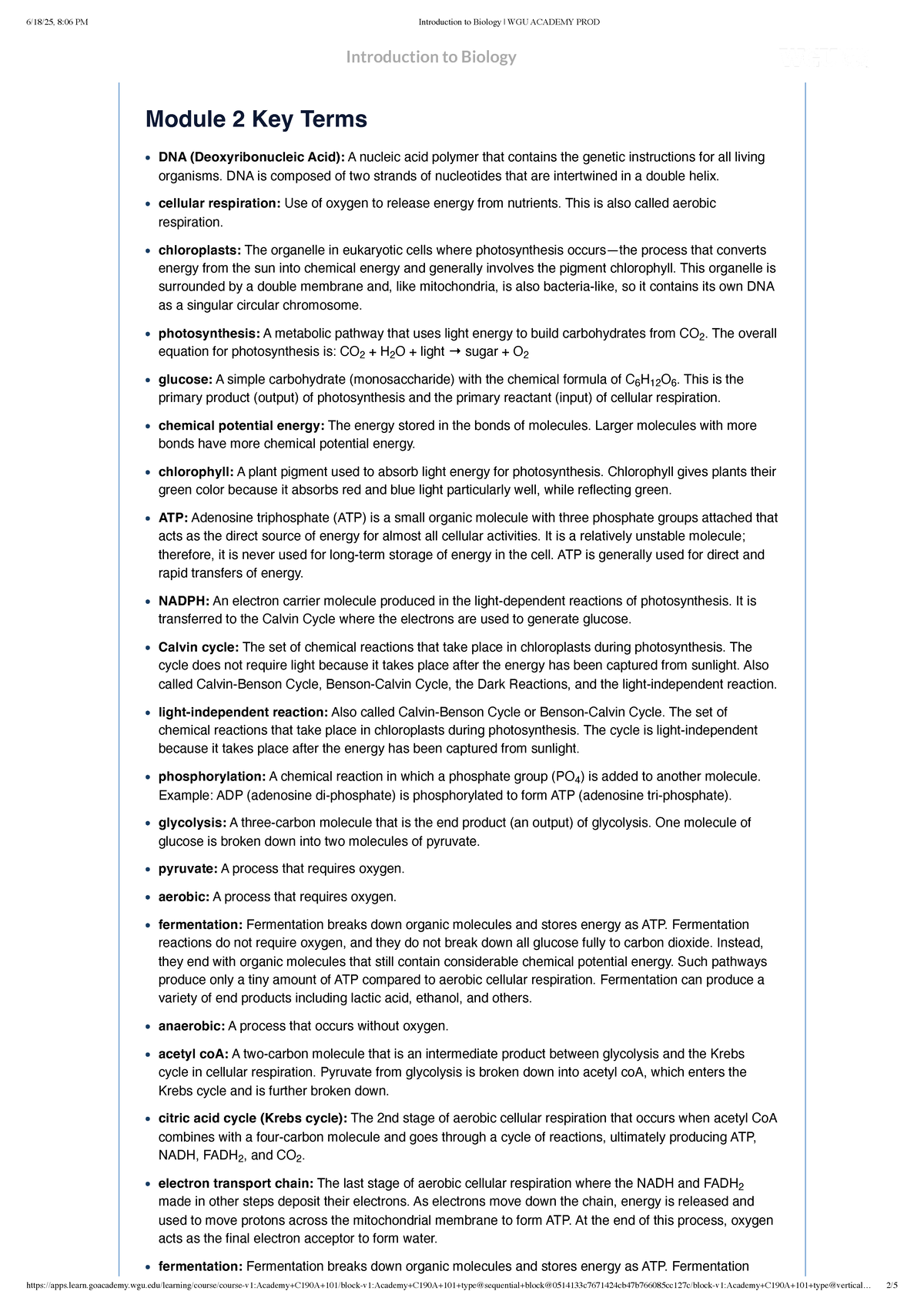 Introduction to Biology: Key Terms and Definitions (C190A) - Studocu