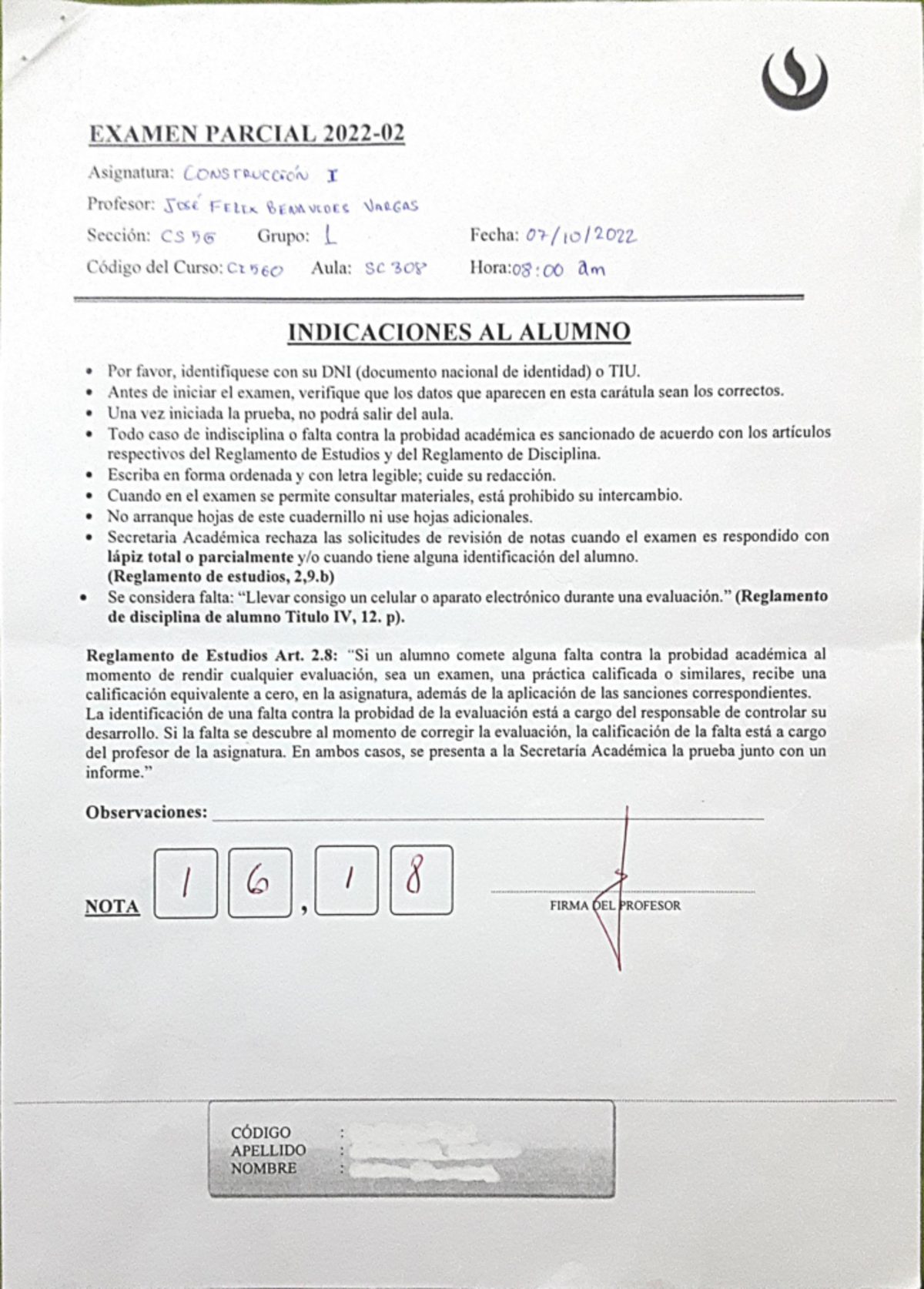 Examen parcial construcción 1 - EXAMEN PARCIAL 2022- Asignatura: Cons rRUCCrO I Profesor: Jose ...