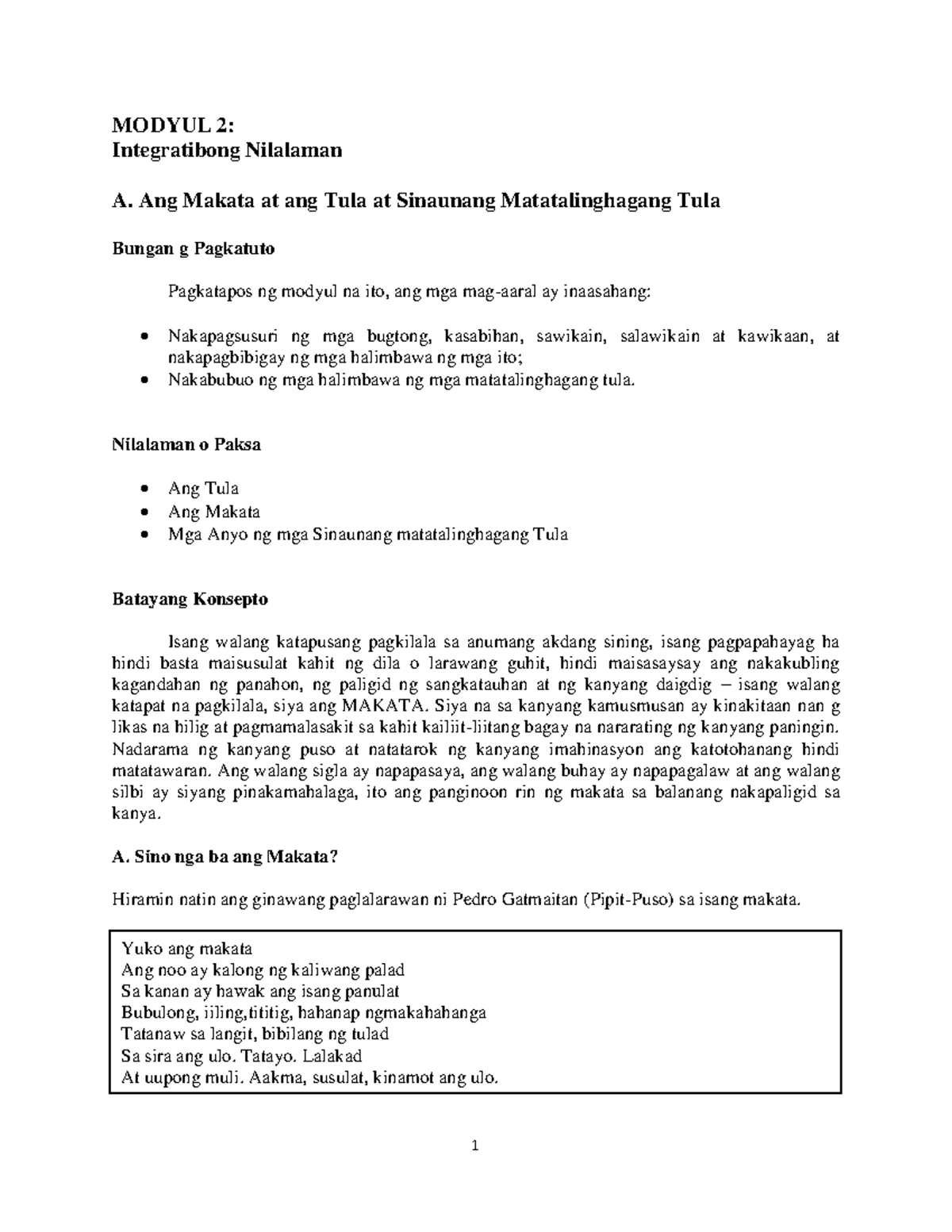 Panulaang Filipino Modyul Panggitnang Panahon - MODYUL 2: Integratibong ...