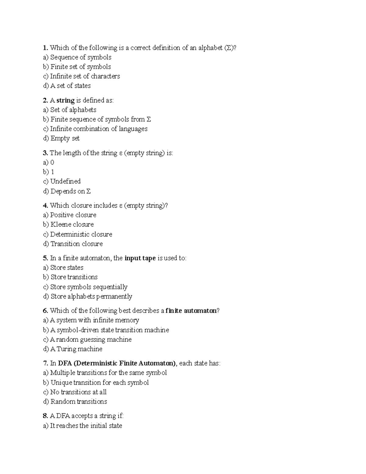 CSE322 Practice MCQs on Finite Automata and Languages - Studocu