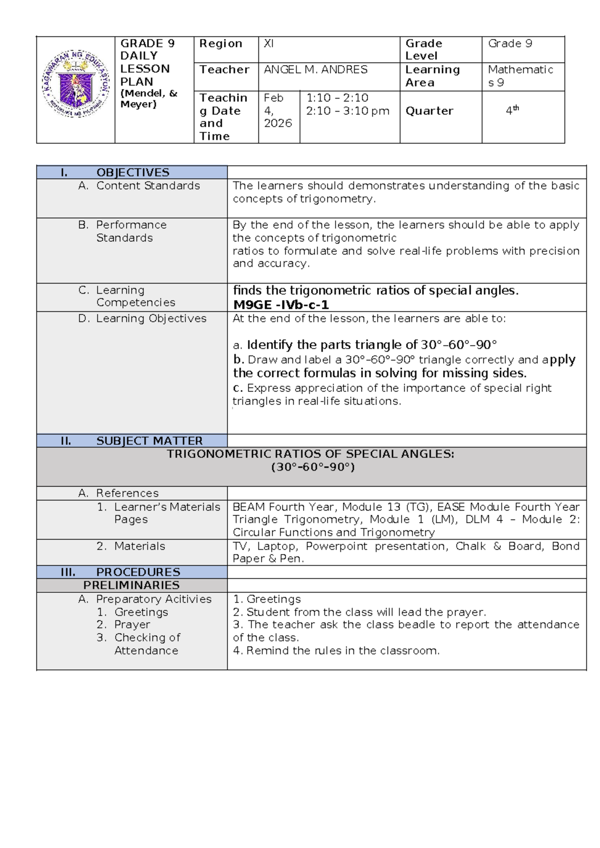 GRADE 9 MATHEMATICS DAILY LESSON PLAN: TRIGONOMETRIC RATIOS - Studocu