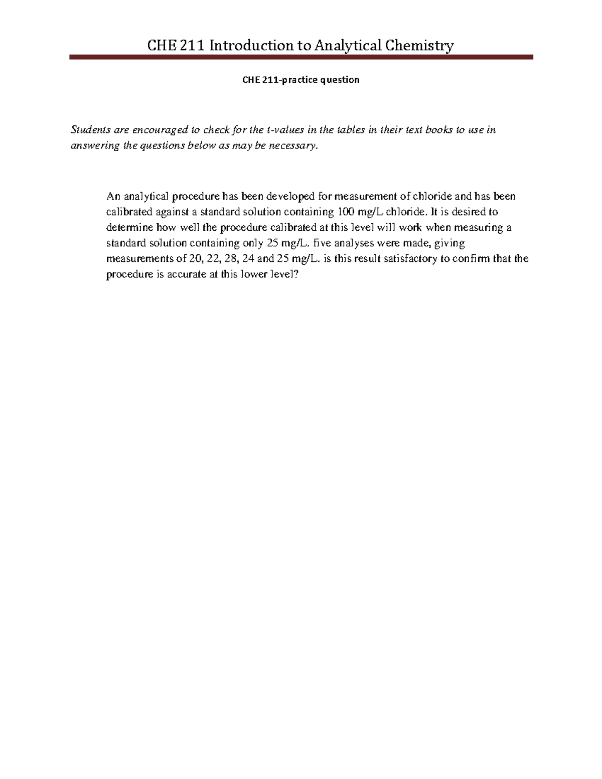 CHE 211 Analytical Chemistry: Chloride Measurement Analysis - Studocu