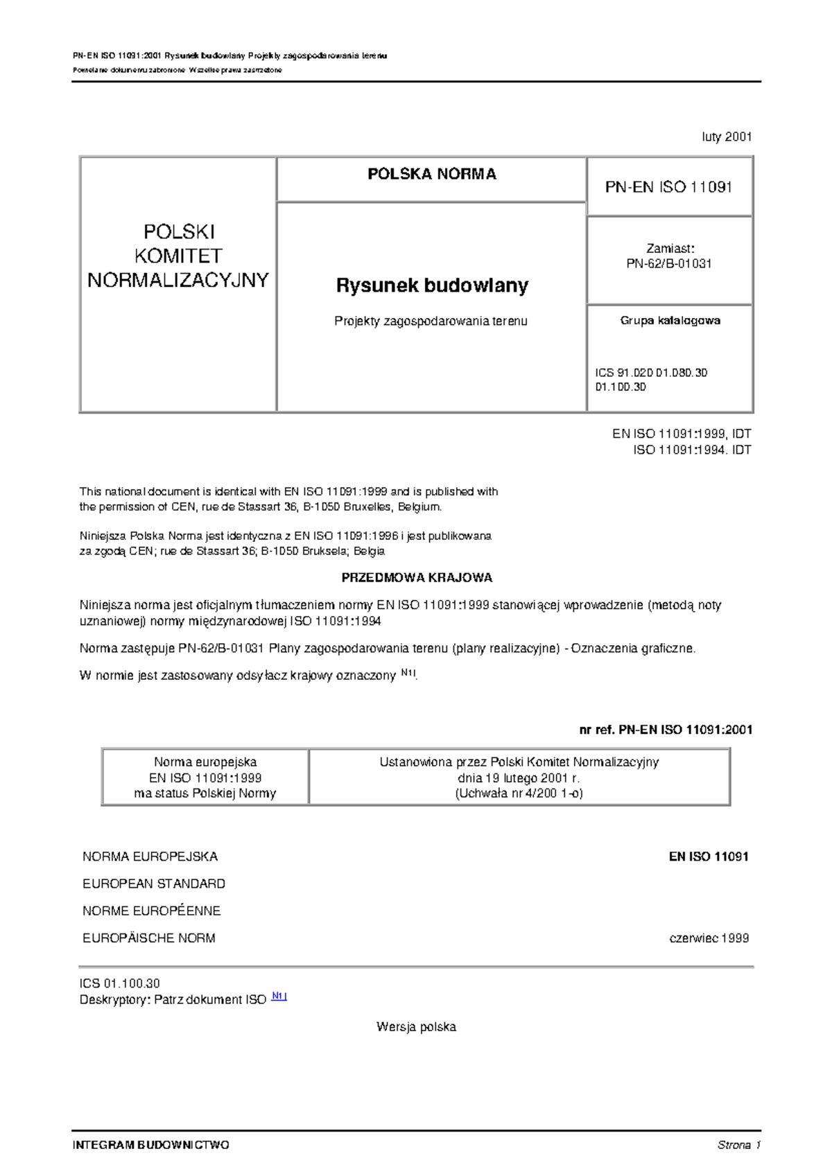 Polska Norma PN-EN ISO 11091:2001 - Rysunki budowlane i ...
