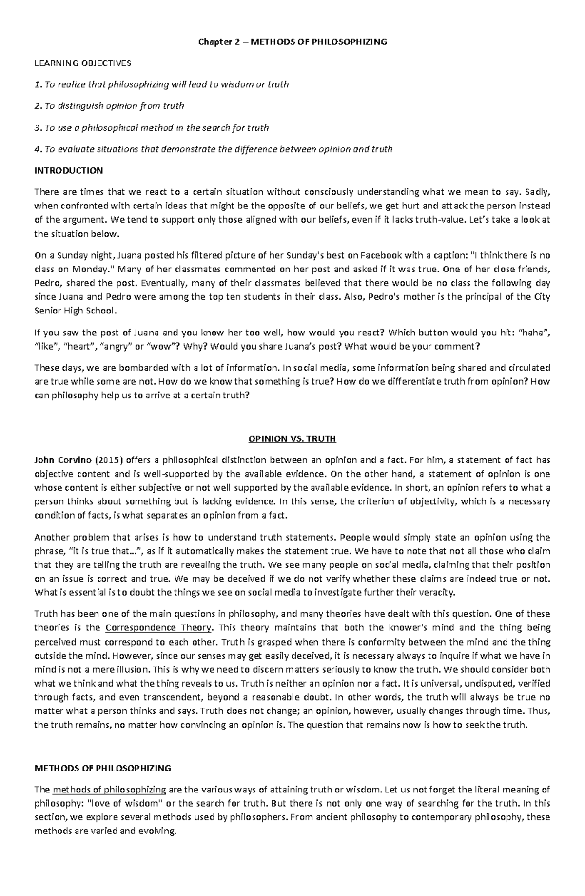 Chapter 2: Methods of Philosophizing in Pursuit of Truth - Studocu