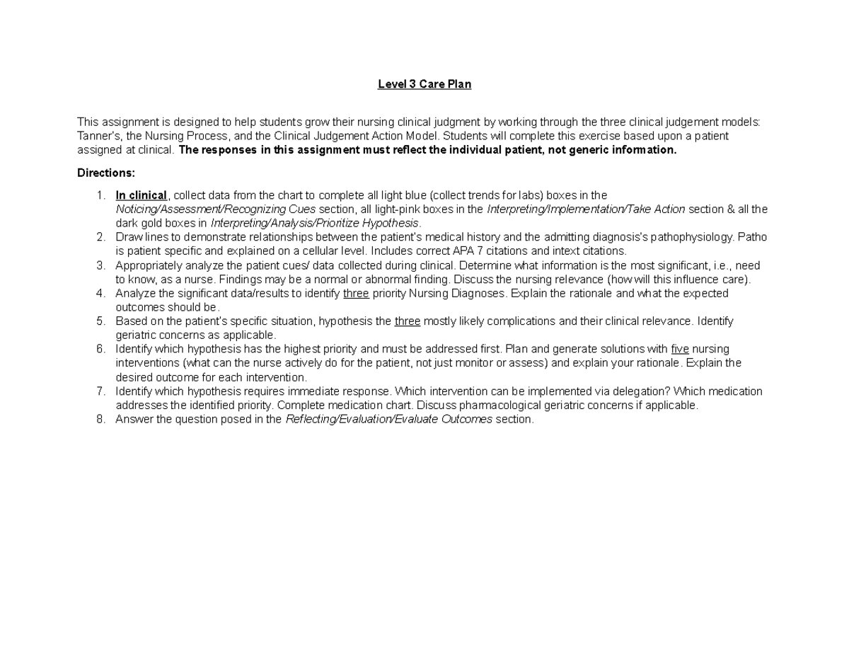 #4 L3 care plan SU23(updated 4.28) - Level 3 Care Plan This assignment ...