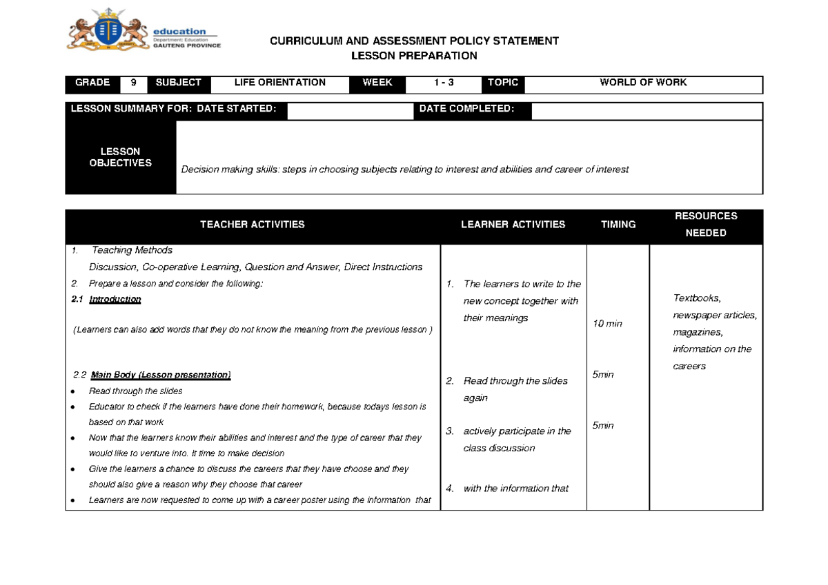 Grade 9 Life Orientation Lesson Plan: World of Work Term 3 - Studocu