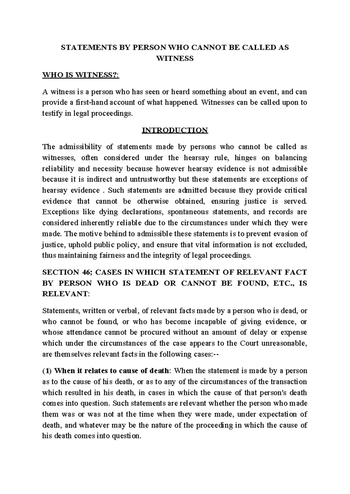 STAT 101: Understanding Witness Statements and Hearsay Exceptions - Studocu