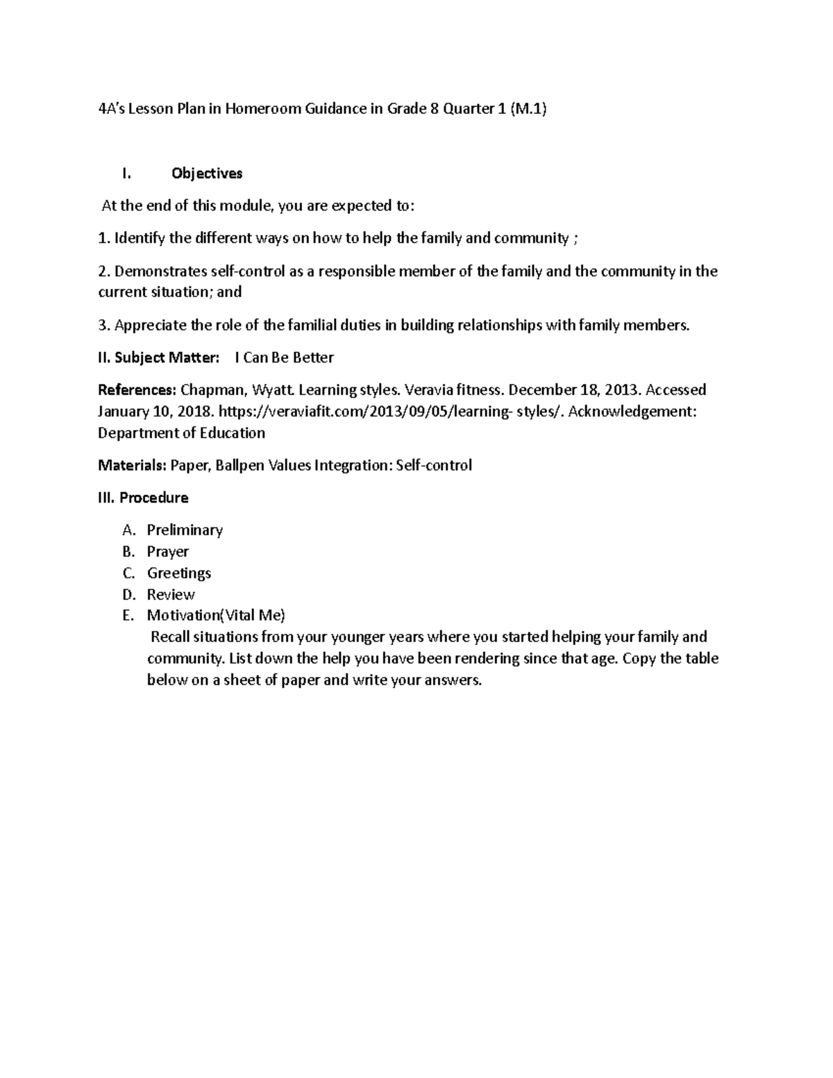 Grade 8 Homeroom Guidance Lesson Plan: 4A's Module 1 - Studocu