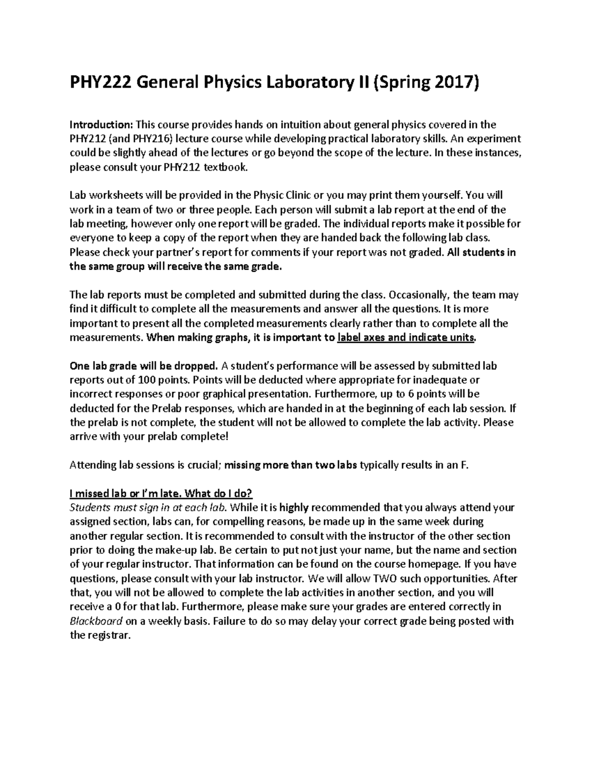 PHY222 General Physics Laboratory II Syllabus (Spring 2017) - Studocu