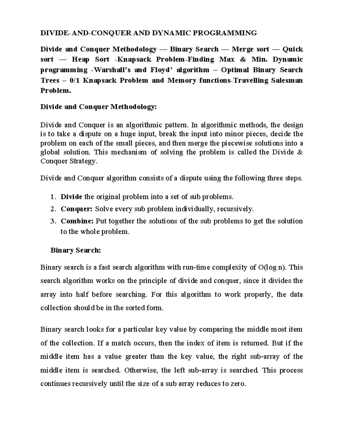 Dsa Module 5 Notes Divide And Conquer And Dynamic Programming Divide And Conquer Methodology