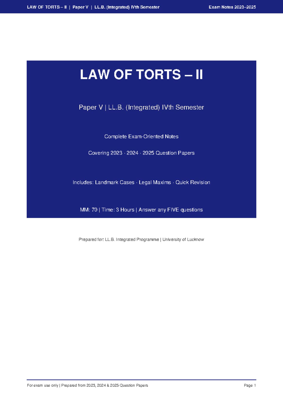 LAW OF TORTS II Paper V LL.B. (Integrated) IVth Sem Exam Notes (2023 ...
