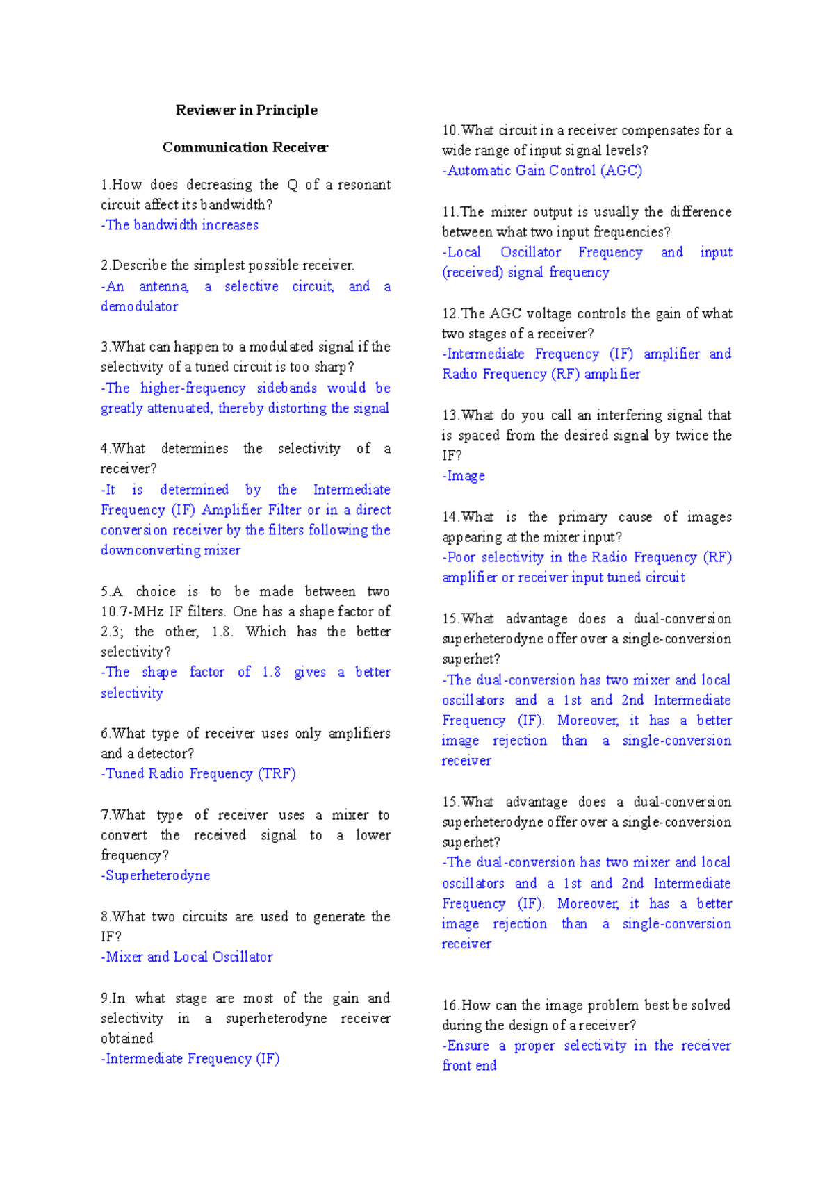 Communication Receiver Review for Course Code COM101 - Studocu