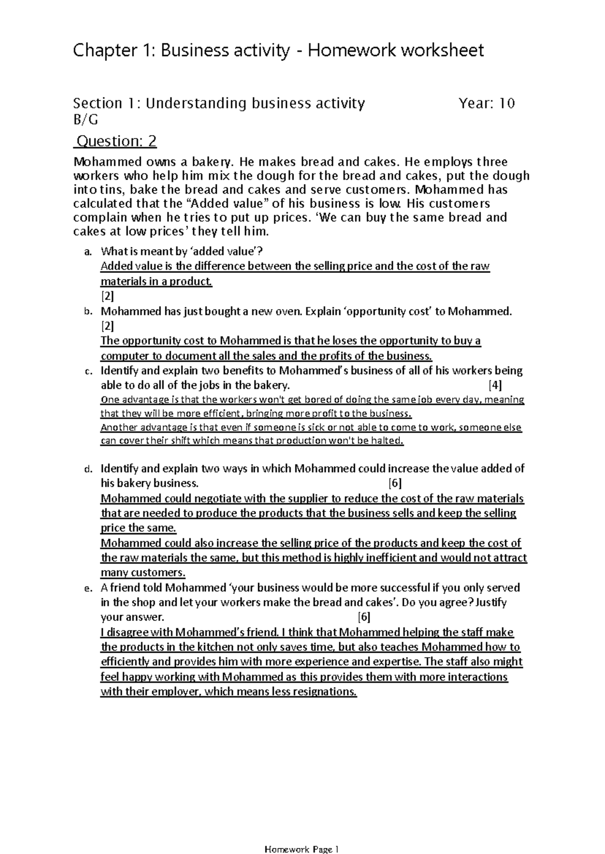 Chapter 1 Business activity - Homework worksheet - Section 1 ...