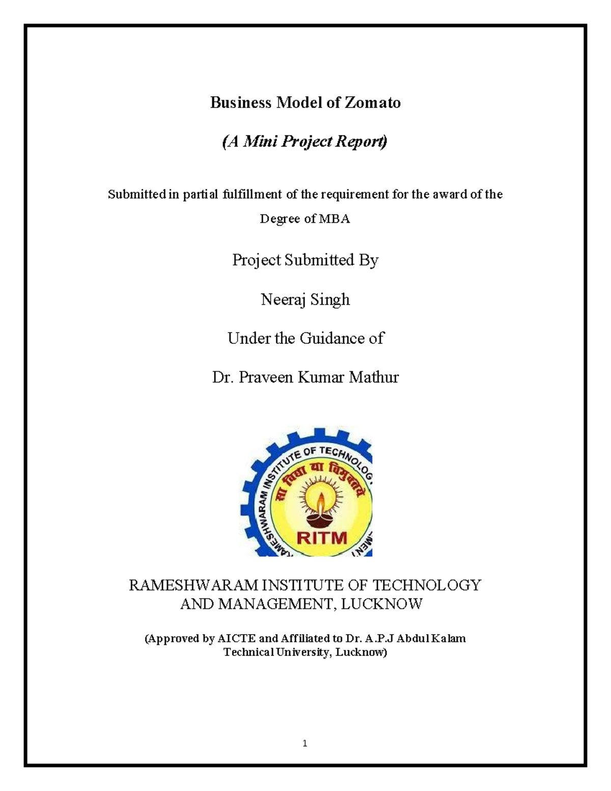 MBA Mini Project Report: Business Model Analysis of Zomato - Studocu