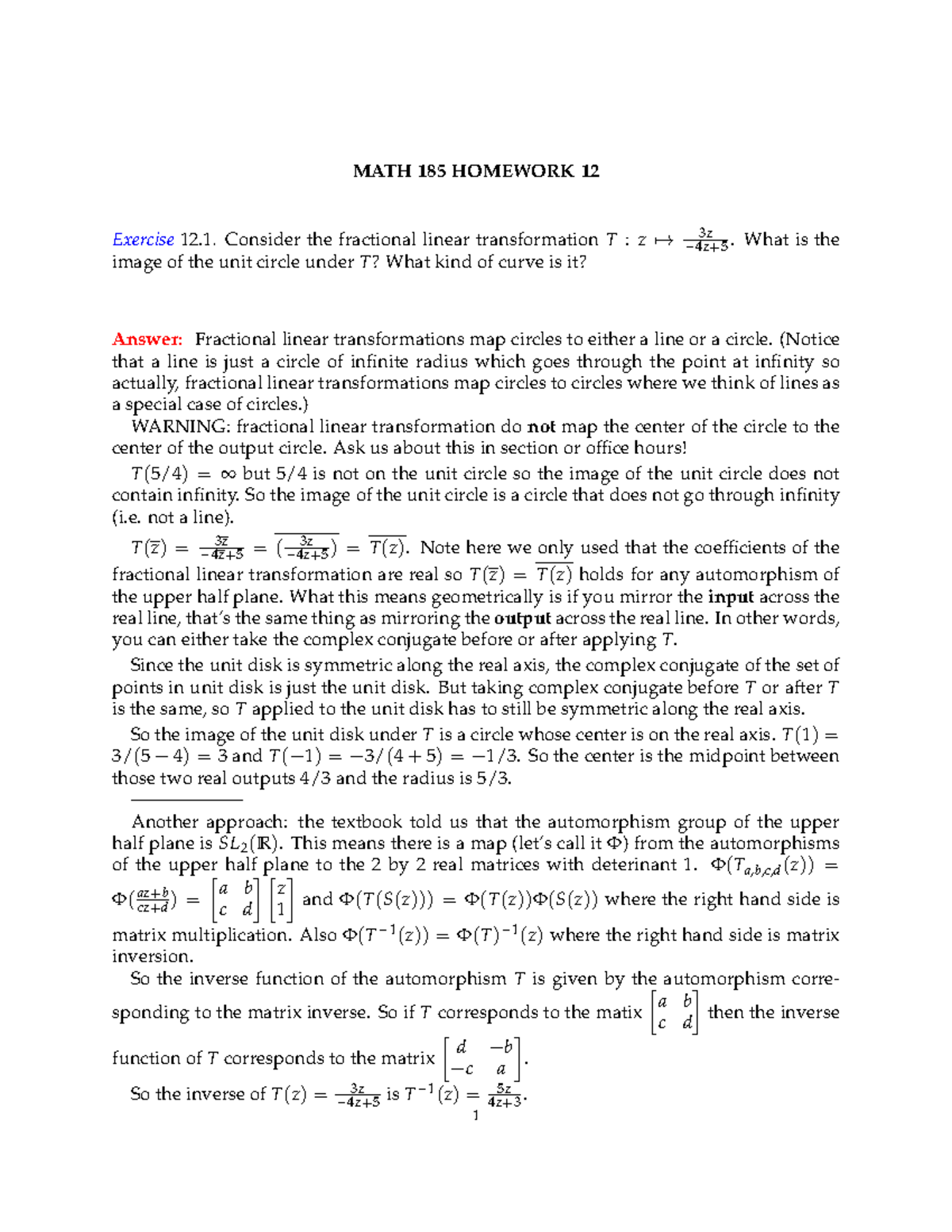 MATH 185 FINAL EXAM: Solutions on Fractional Linear Transformations - Studocu