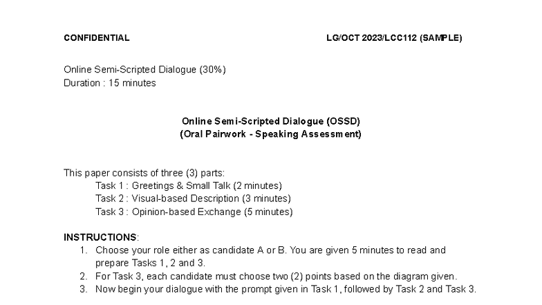 LCC112 OSSD Sample Speaking Assessment: Online Dialogue Guide - Studocu