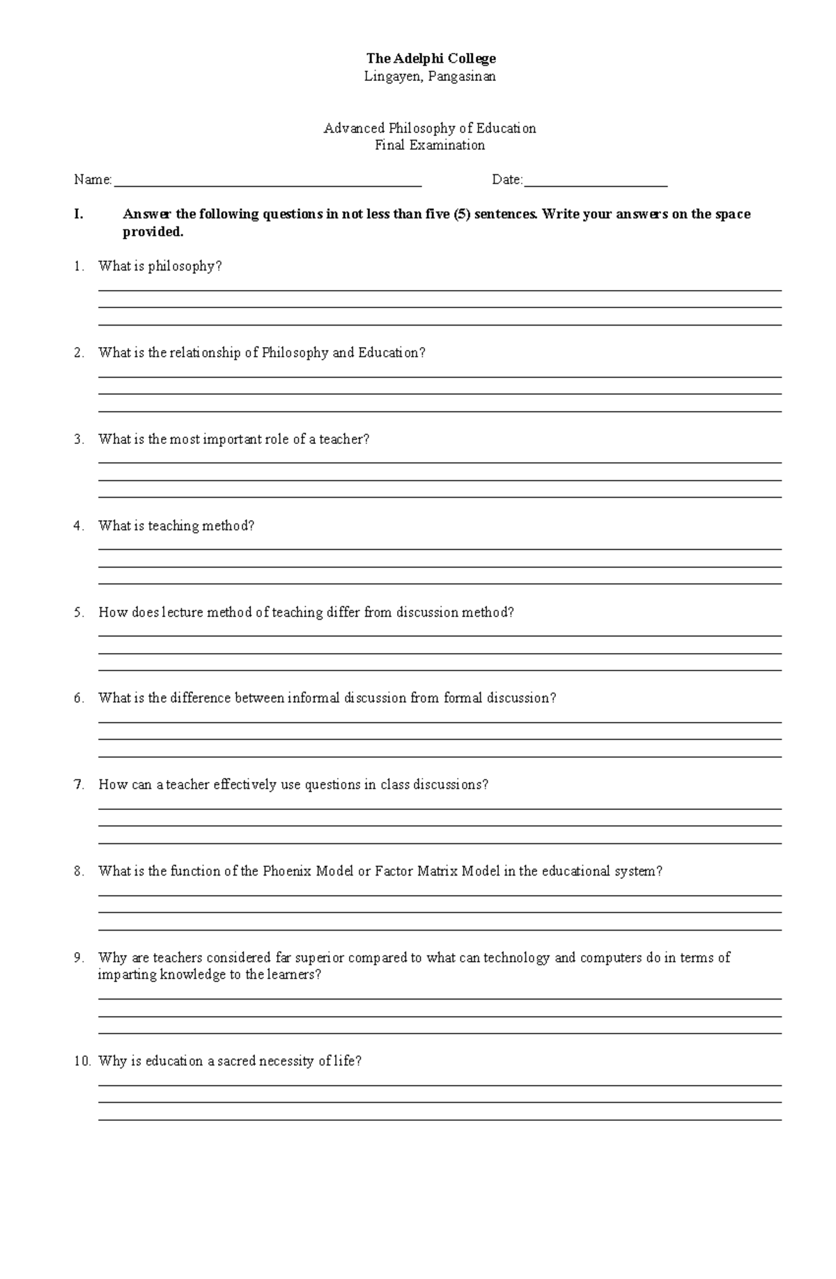 Final Exam: Advanced Philosophy of Education (PHIL 101) - Studocu