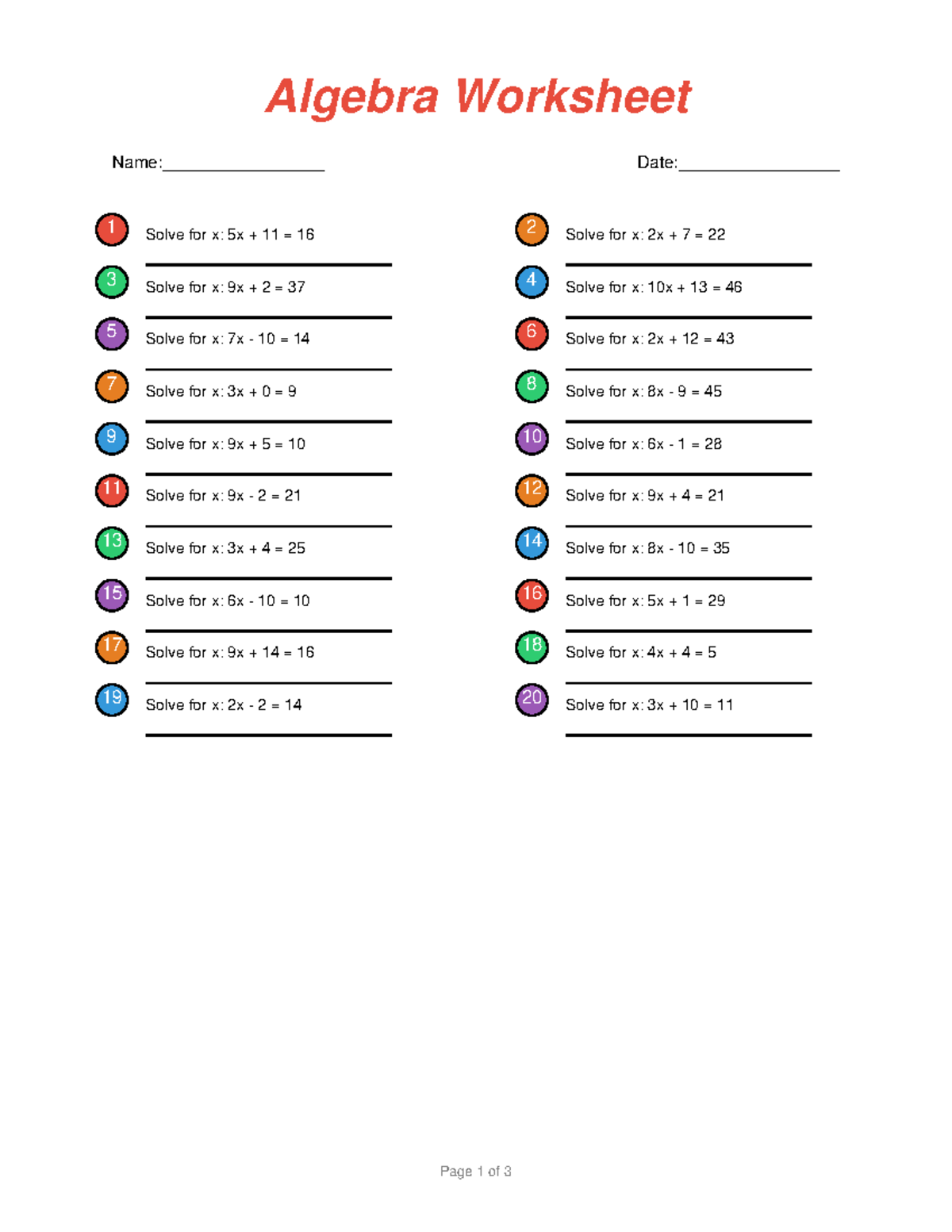 Algebra Worksheet 1: Solving for x and Word Problems - Studocu