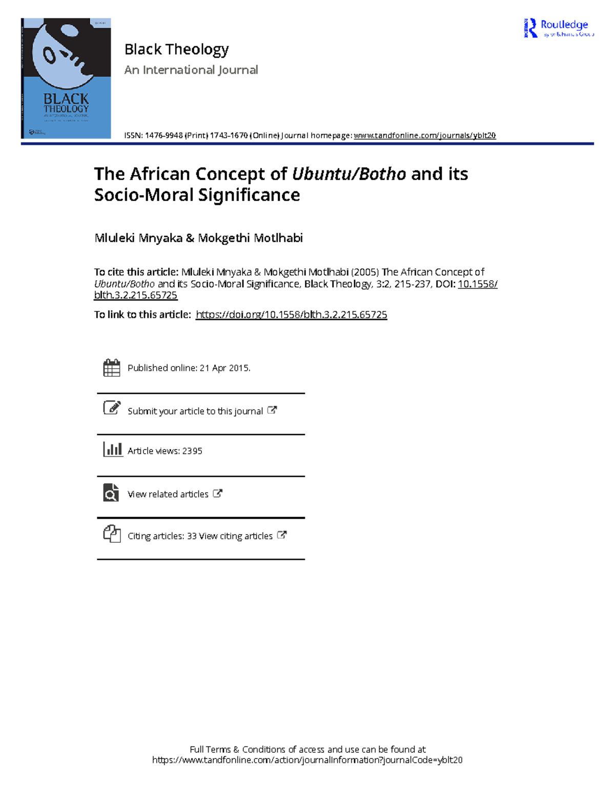 The African Concept of Ubuntu Botho and Its Socio-Moral Significance ...