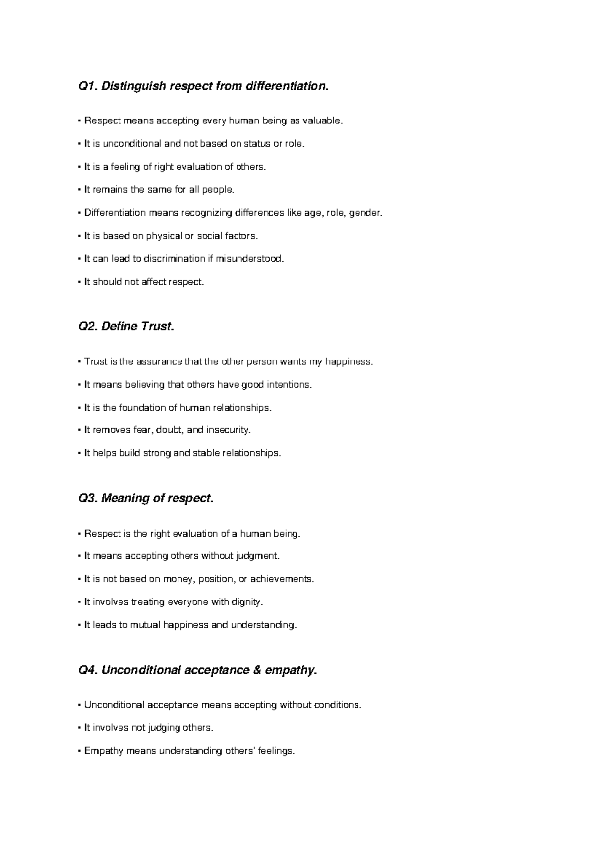 UHV 101 Lecture Notes: Understanding Respect, Trust, and Empathy - Studocu