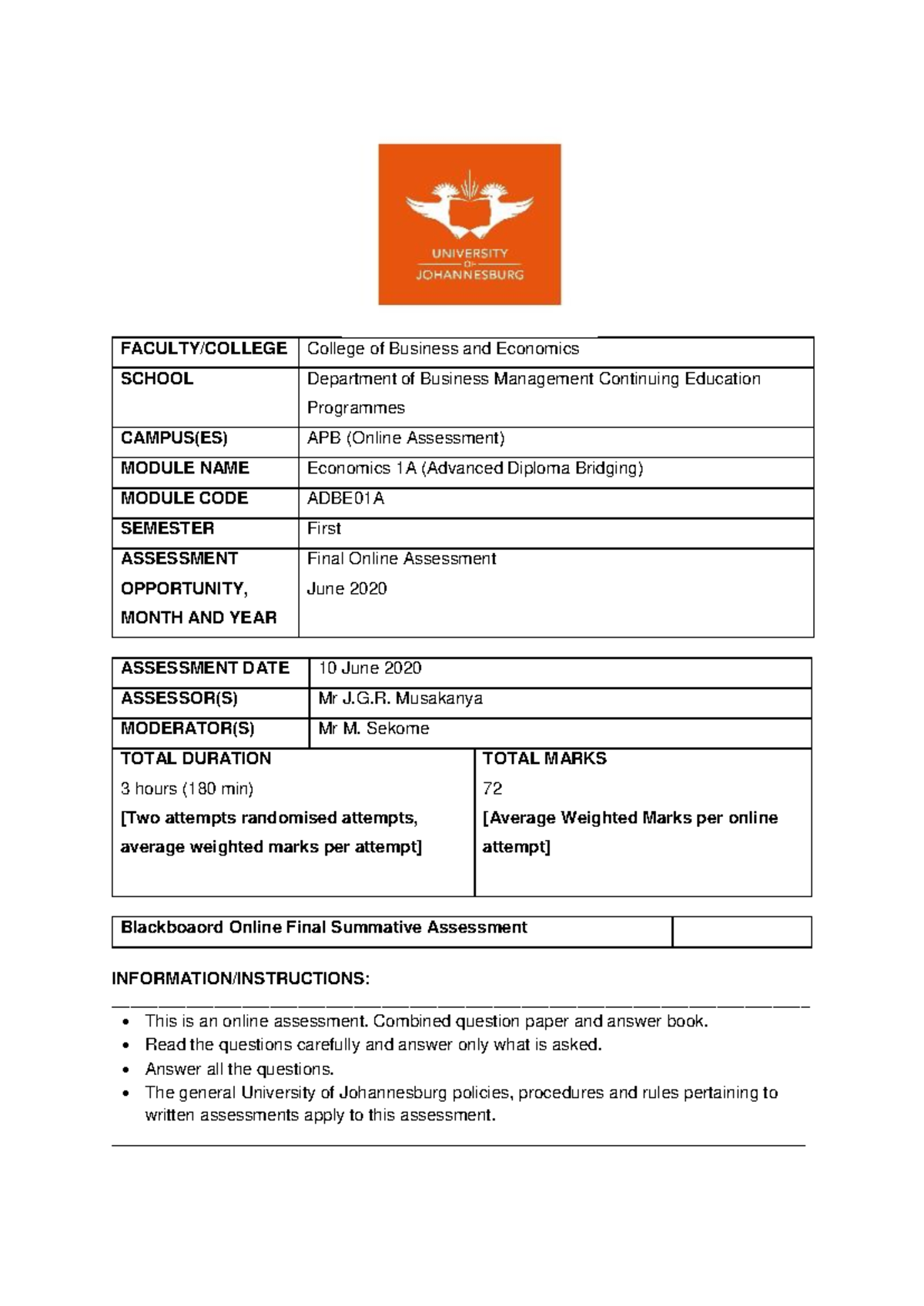UJ 40120 Economics 1A Final Online Assessment Questions and Answers - Studocu