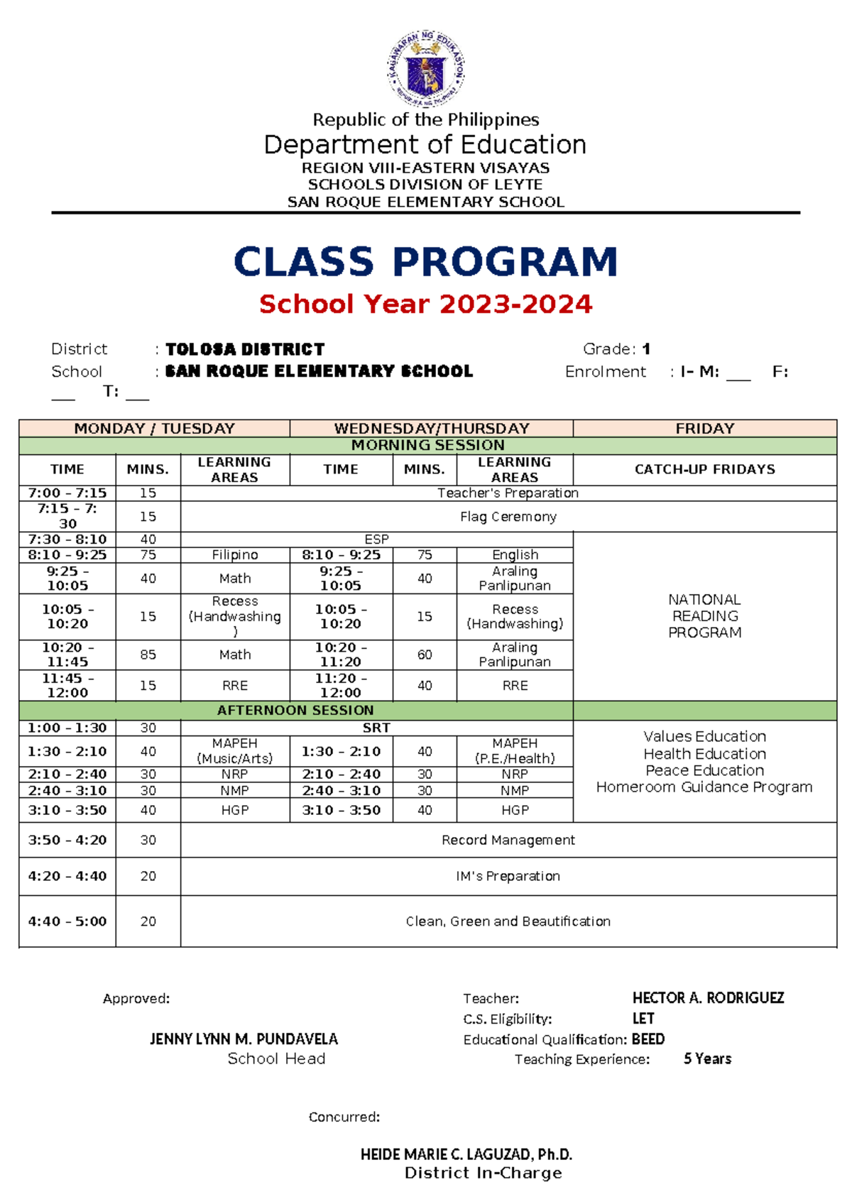 Class Program and Catch-Up Schedule for Grades 1 and 4 - 2023 - Studocu