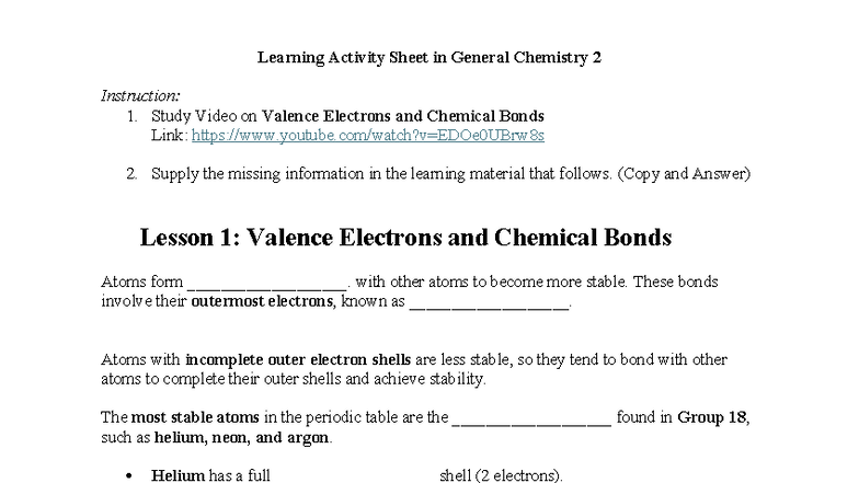 Learning Activity Sheet: Valence Electrons & Chemical Bonds (Chem 2 ...
