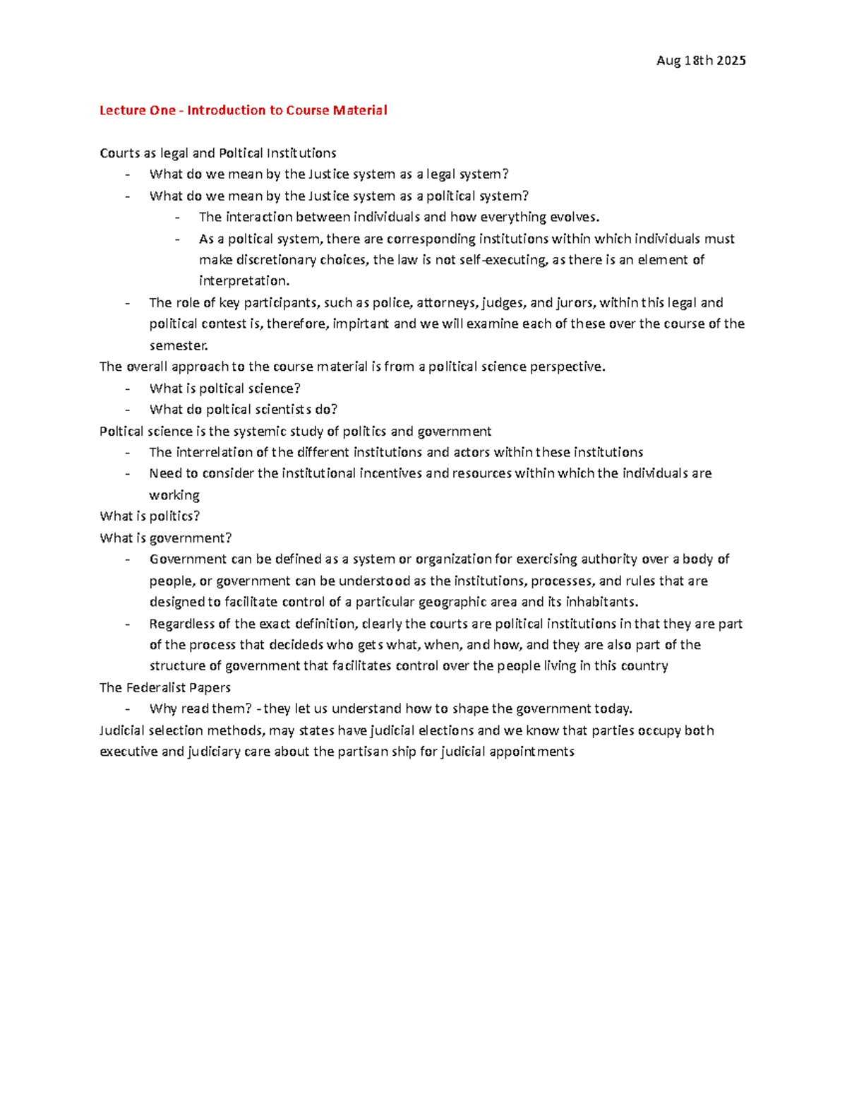 Lecture Notes - PS 305: Introduction to Courts as Political ...
