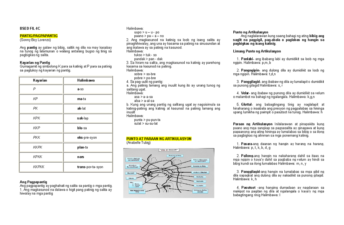 BSED FIL 4C: Pantig at Kayarian ng Wikang Filipino - Lecture Notes ...