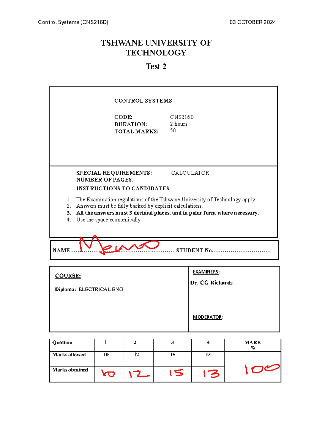 CNS216D Control Systems Sem 2 Test 2 Memo and Solutions - Studocu