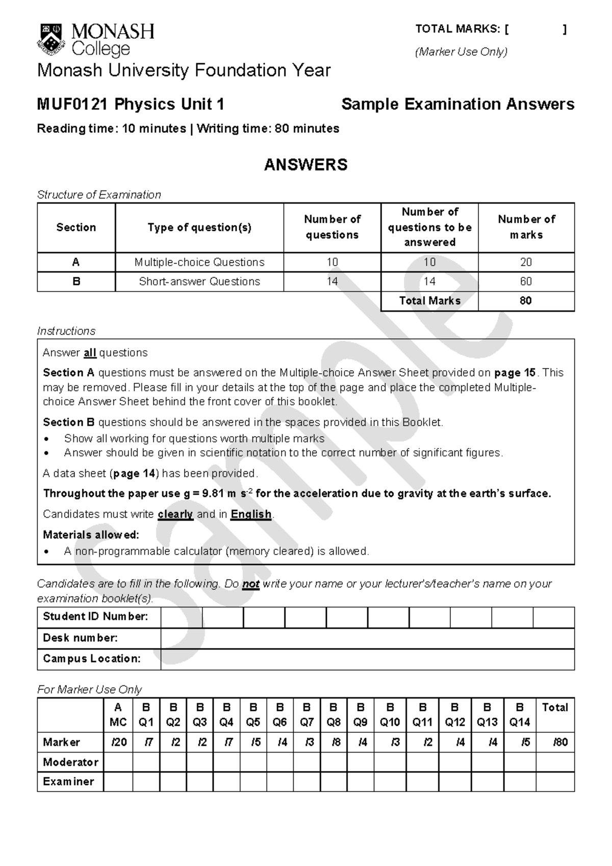 MUF0121 Physics Unit 1 Sample Exam Answers and Marking Guide - Studocu