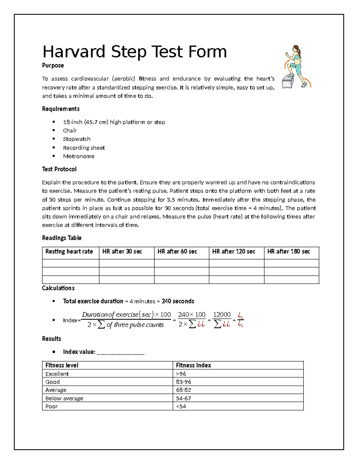Harvard Step Test Form: Assessing Cardiovascular Fitness - Studocu