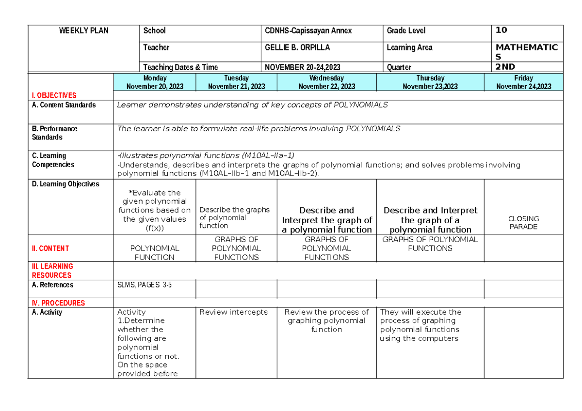 2ND Quarter DLL - G10 - Week 2: Polynomial Functions & Graphing - Studocu