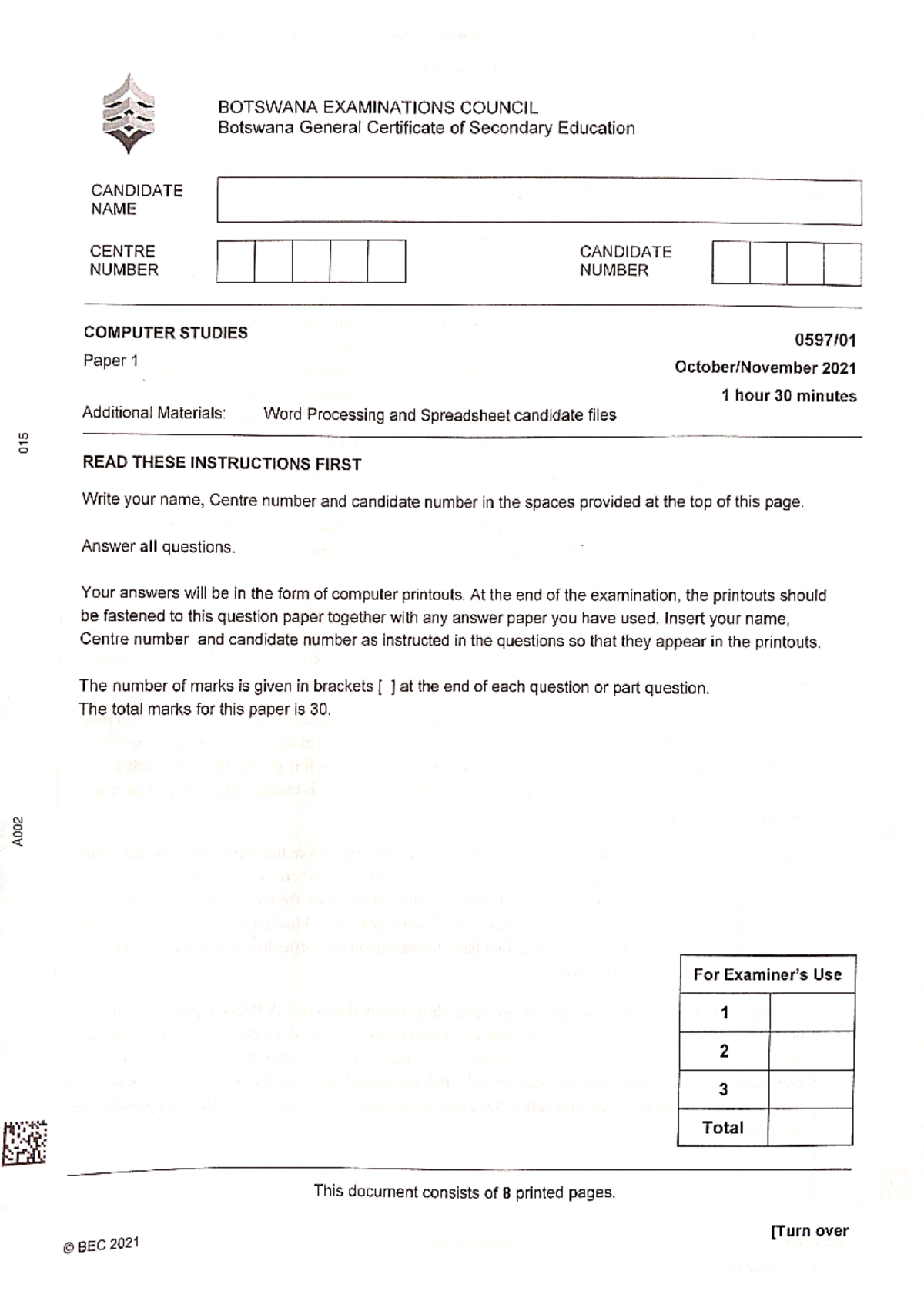 [2021] Computer Studies Paper 1 Examination Instructions and Tasks ...