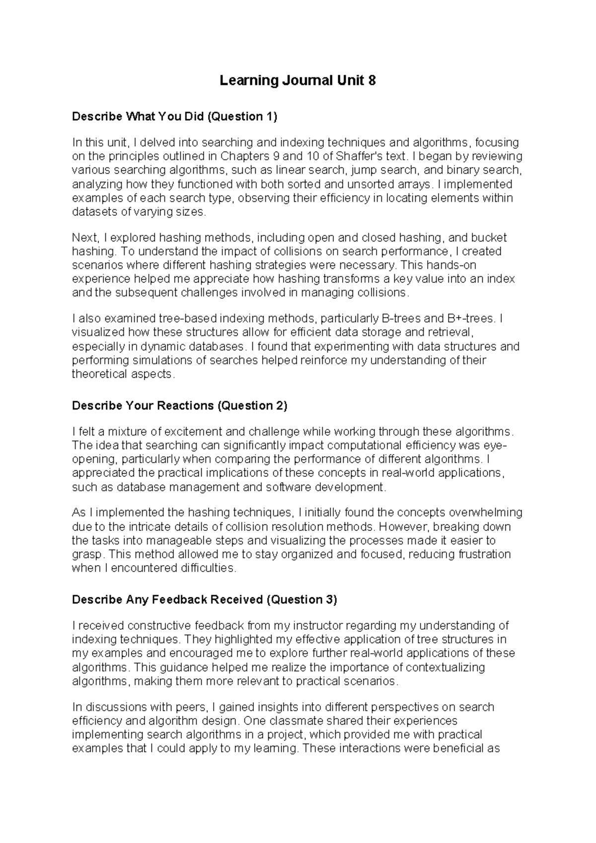 Learning Journal Unit 8(CS 3303-01) - Learning Journal Unit 8 Describe What You Did (Question 1 ...