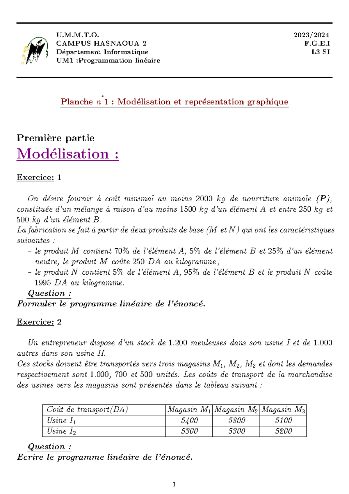 Modélisation TD L3 Informatique: Linear Programming Exercises - Studocu