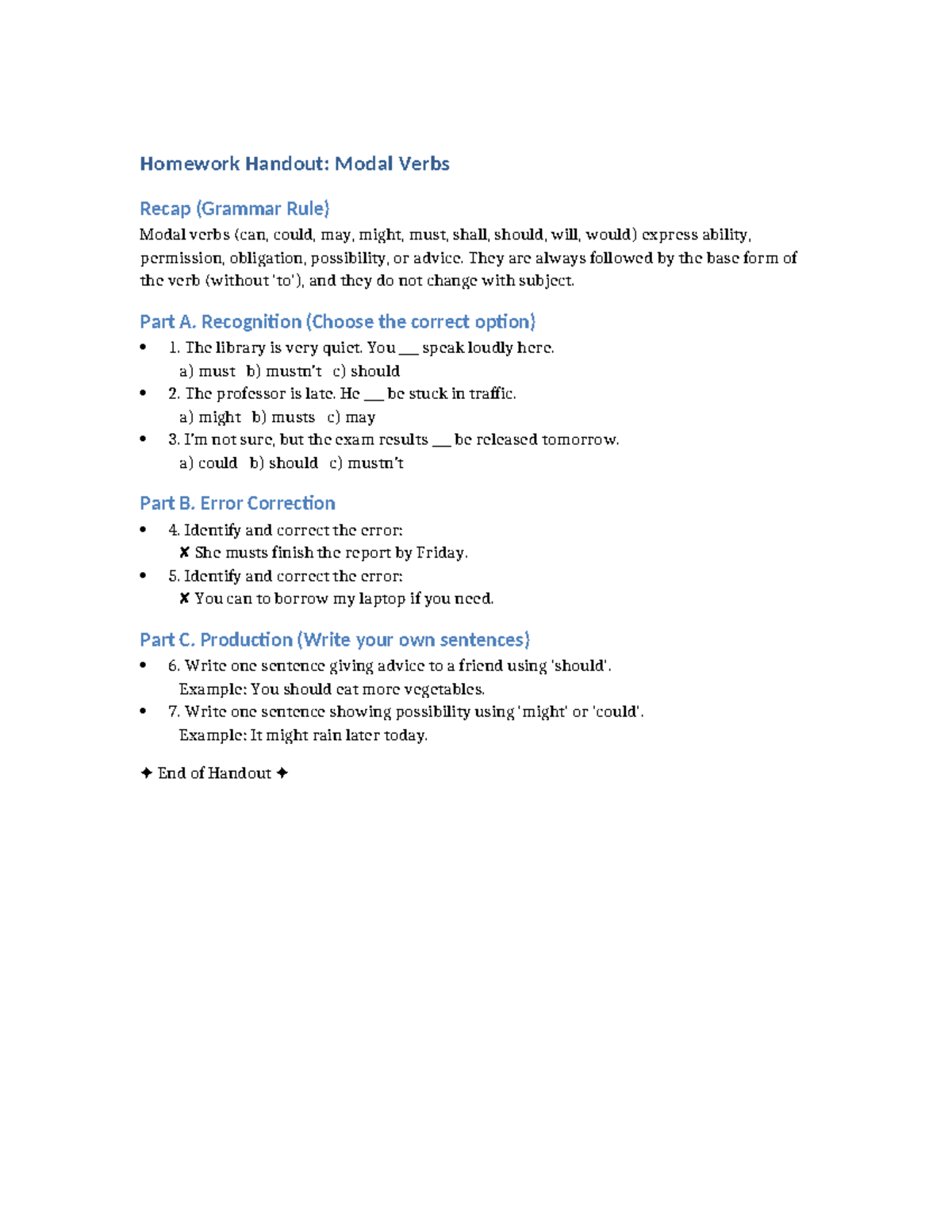 Modal Verbs Homework: Recap & Exercises on Grammar Rules - Studocu